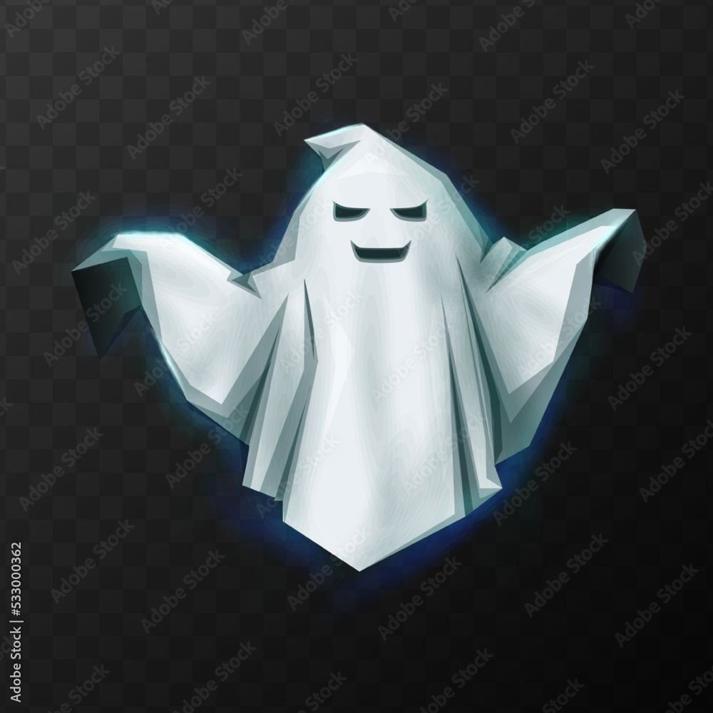 Vector cartoon style icon illustration. Spooky ghost in white glowing ...