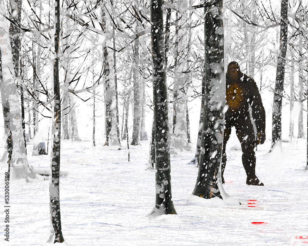 Gugwe bigfoot variant stood in a snowy forest with a trail of blood ...