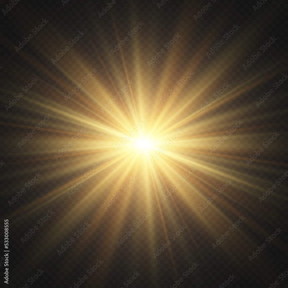 Flare with golden rays of light and magic sparkles. Bright star spark ...
