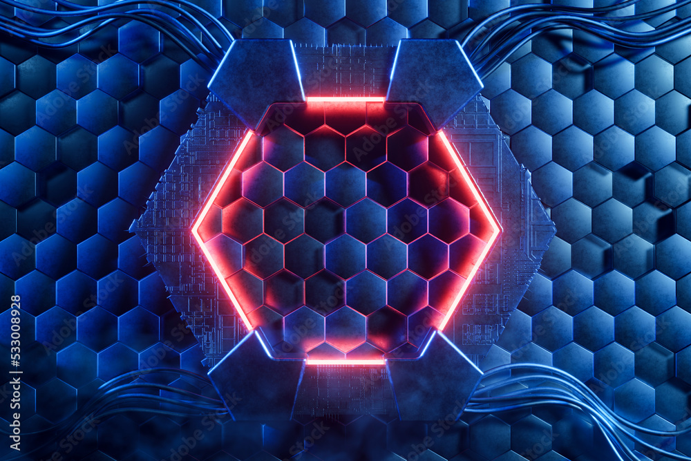 3d rendering empty sci fi hexagon frame on honeycomb tiles background ...