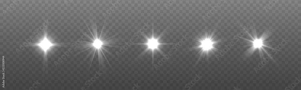 Set of bright white beautiful stars. Glow glitter light effect ...