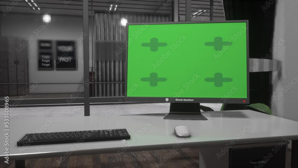Monitor PC with Green screen Display in the Office, Desks 3D Animation ...