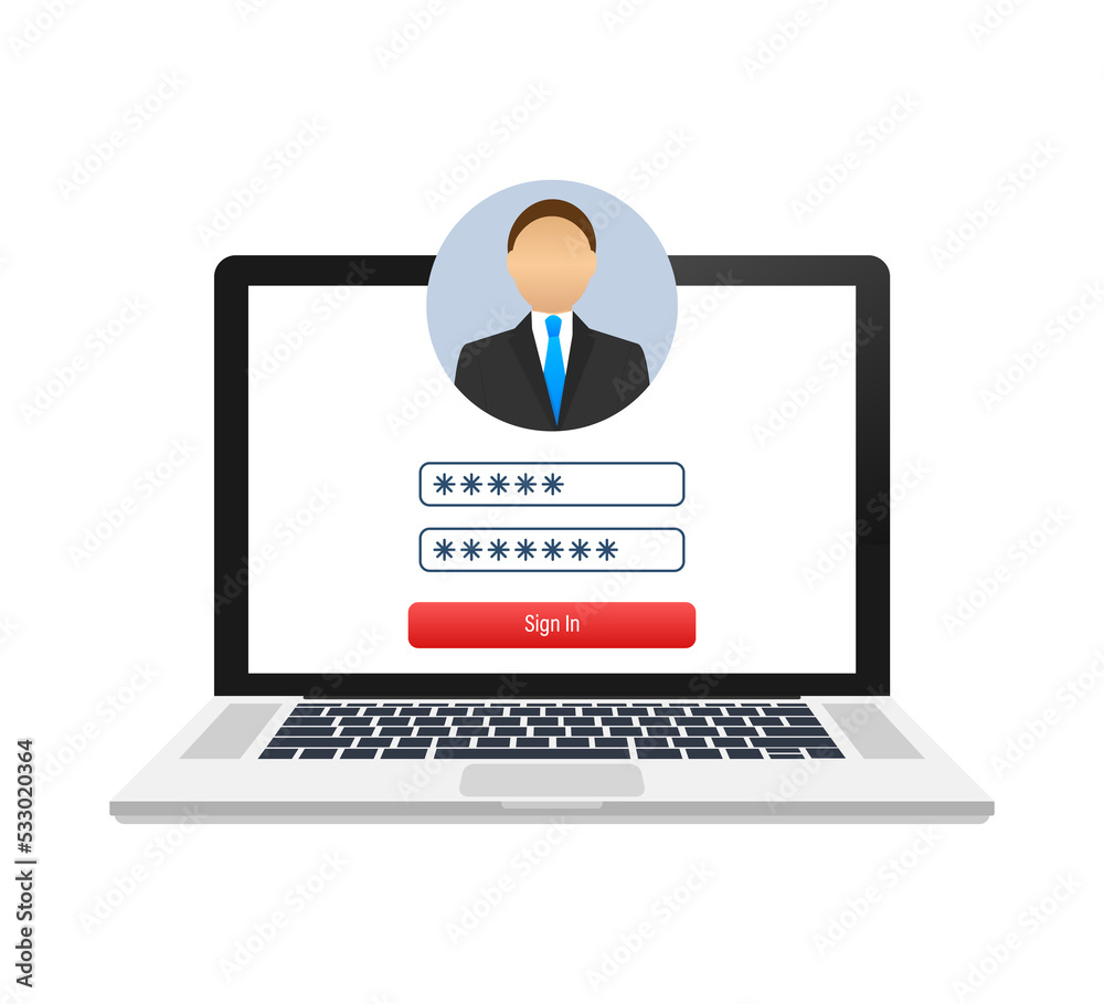 Login page on laptop screen. Notebook and online login form, sign in ...