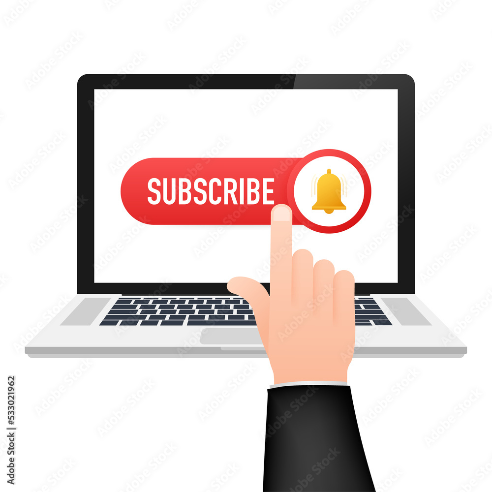 Subscribe Button Template with the notification bell on laptop. News ...