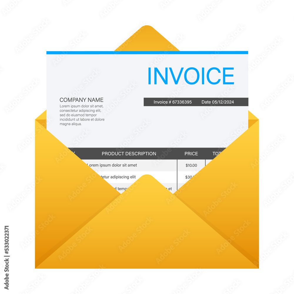 Invoice icon , email message received with bill document, flat style ...