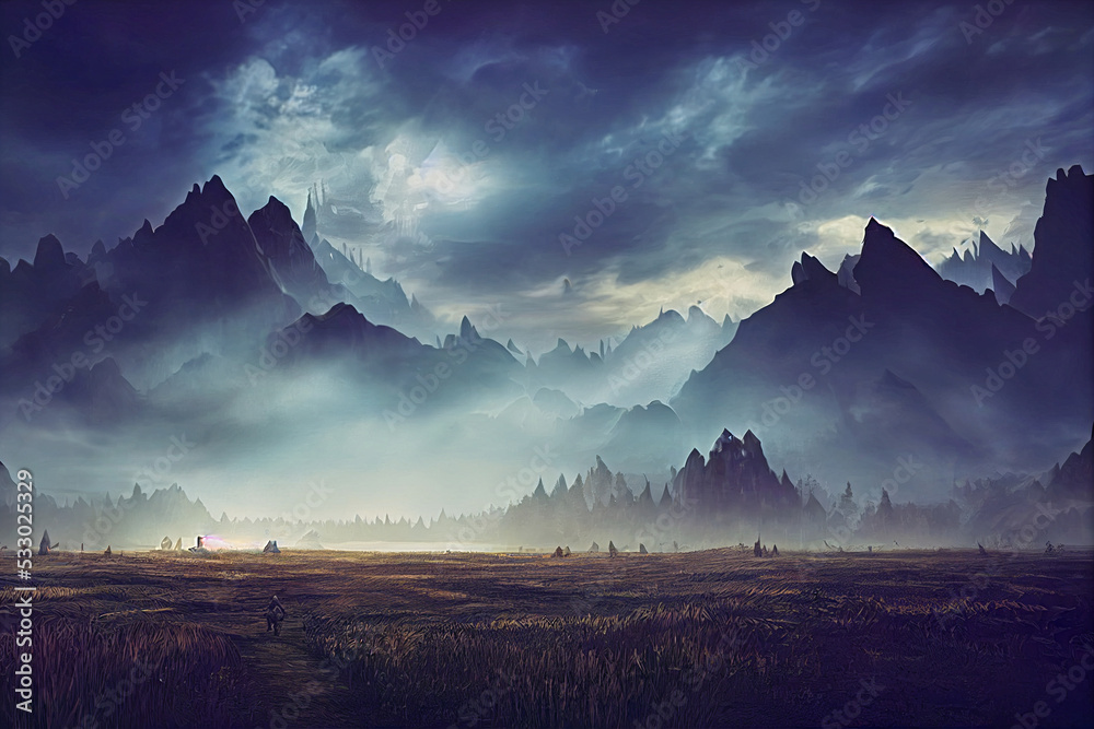 Dark fantasy world landscape, battlefield, dark sky Stock Illustration ...