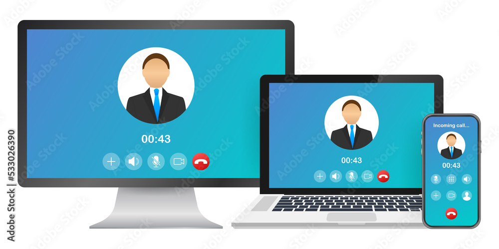 Incoming video call on laptop. Laptop with incoming call, man profile ...
