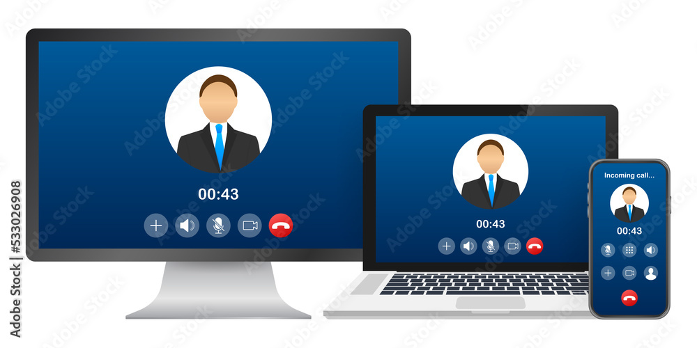 Incoming video call on laptop. Laptop with incoming call, man profile ...