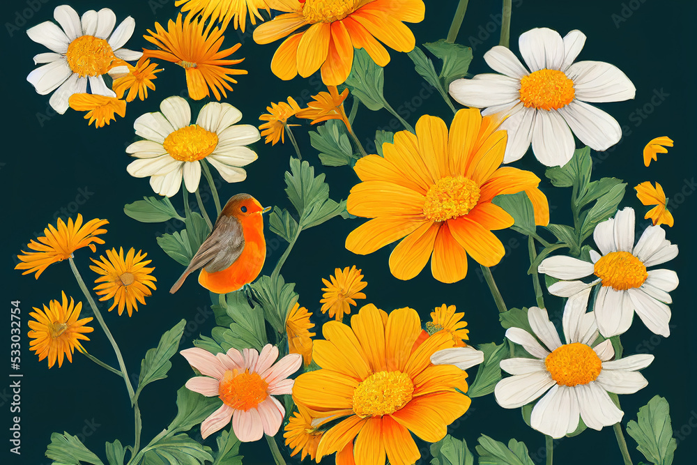 Realistic hand painted tiny robin with bouquet of orange and yellow ...