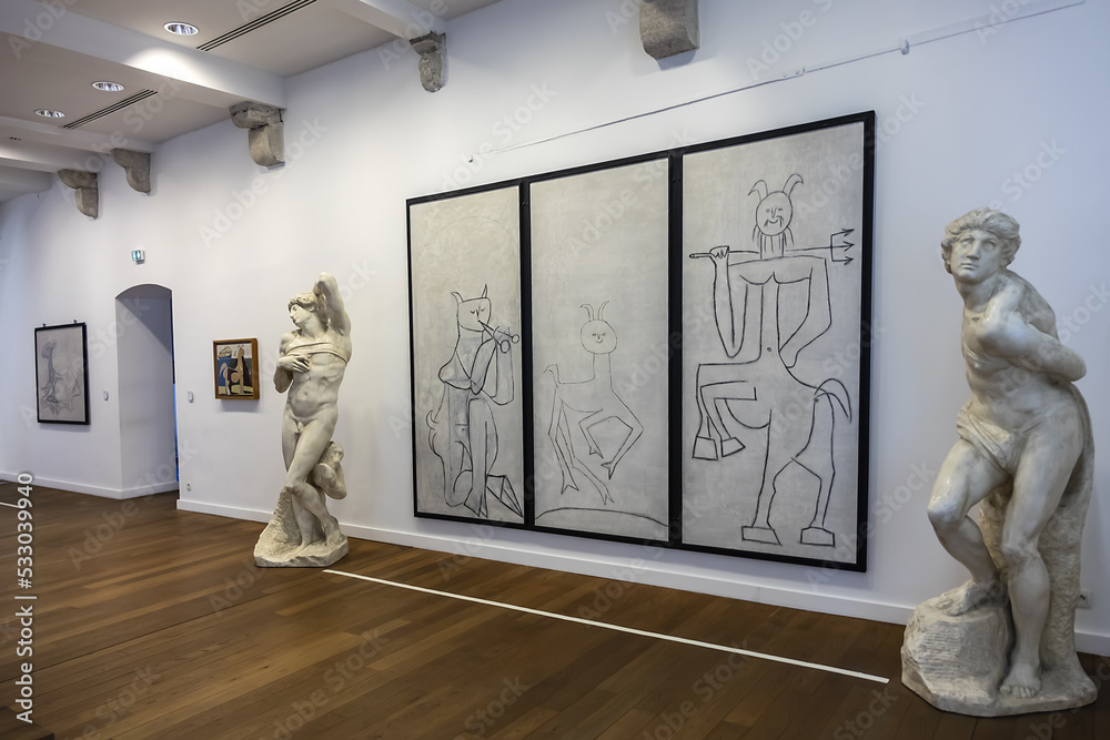 Interior of The Picasso Museum occupies the Grimaldi Castle (1608 ...