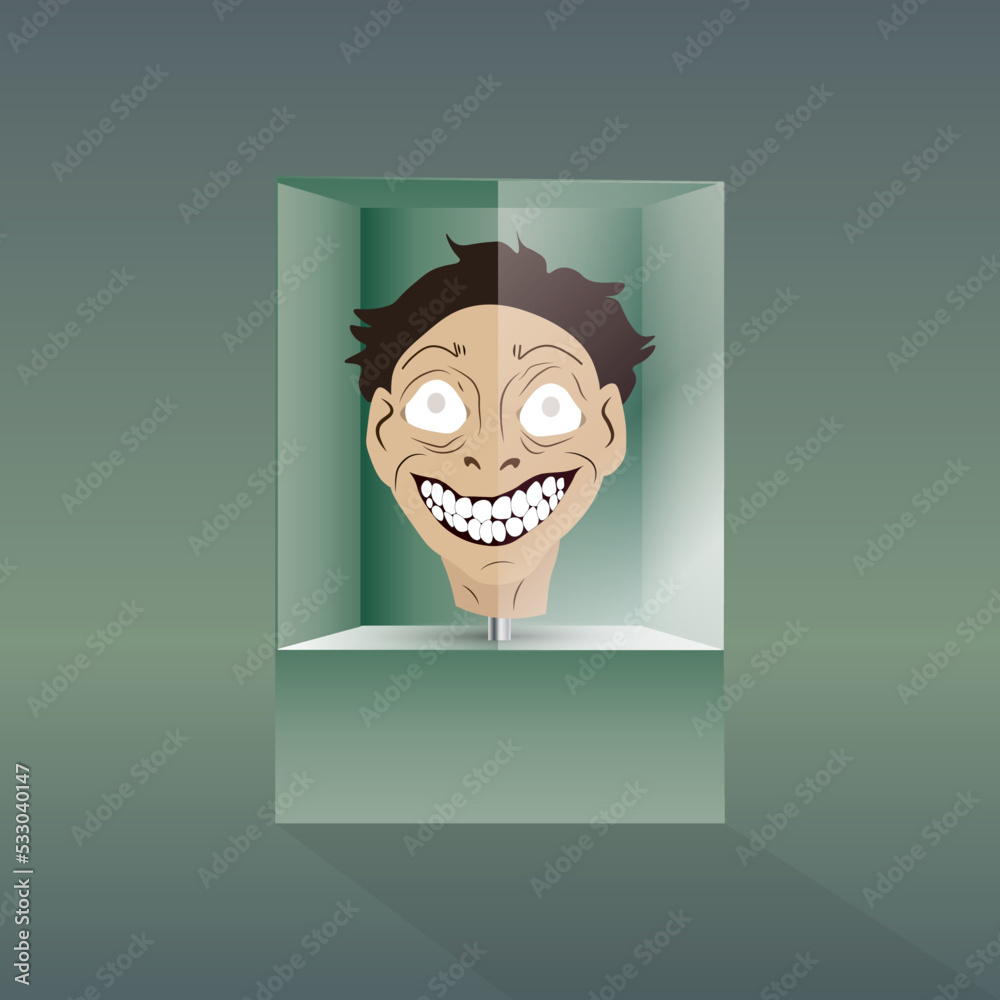creepy smiley face on a metal stand in glass box, showcase, vector ...
