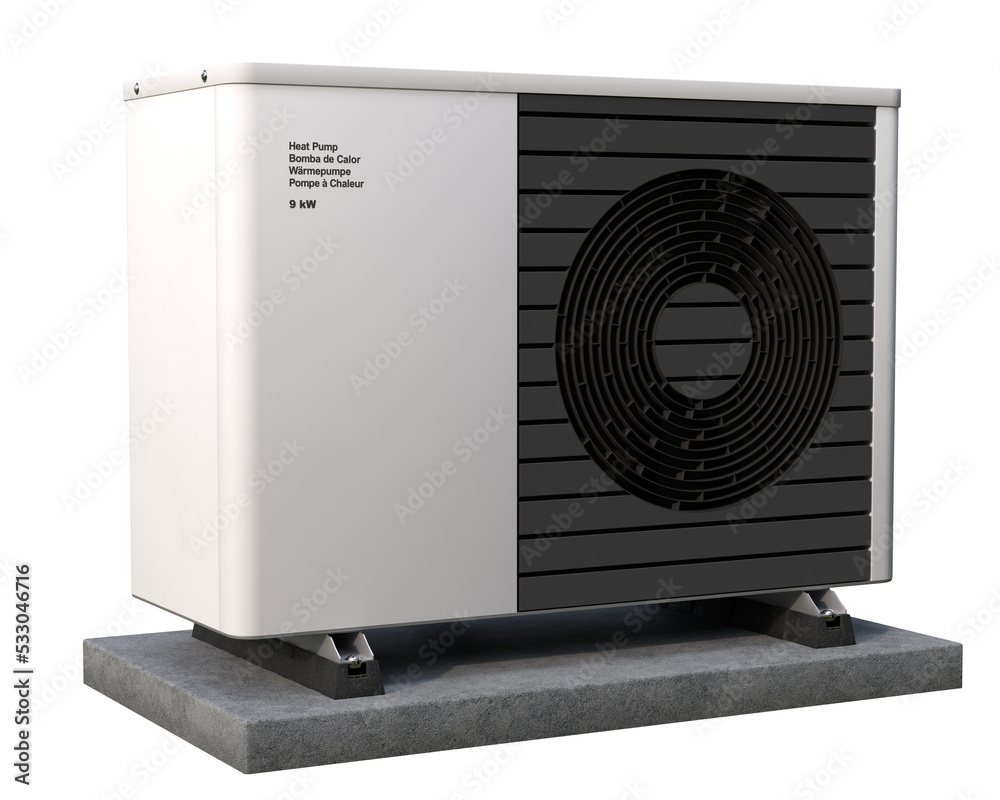 Photorealistic 3d render of a fictitious air source heat pump mounted ...