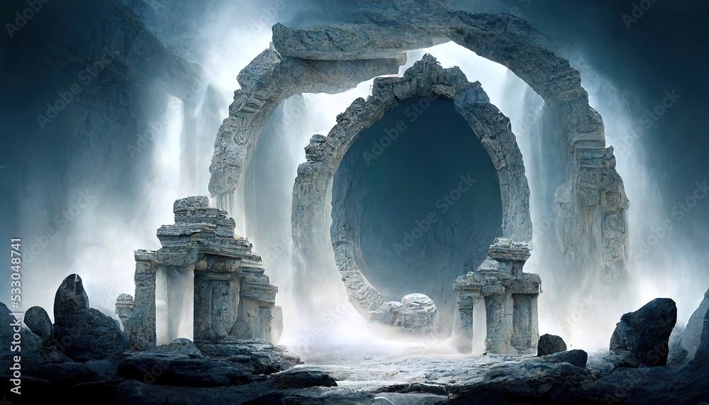 Portal in stone arch with magical symbols in mountain cave. Gate to ...