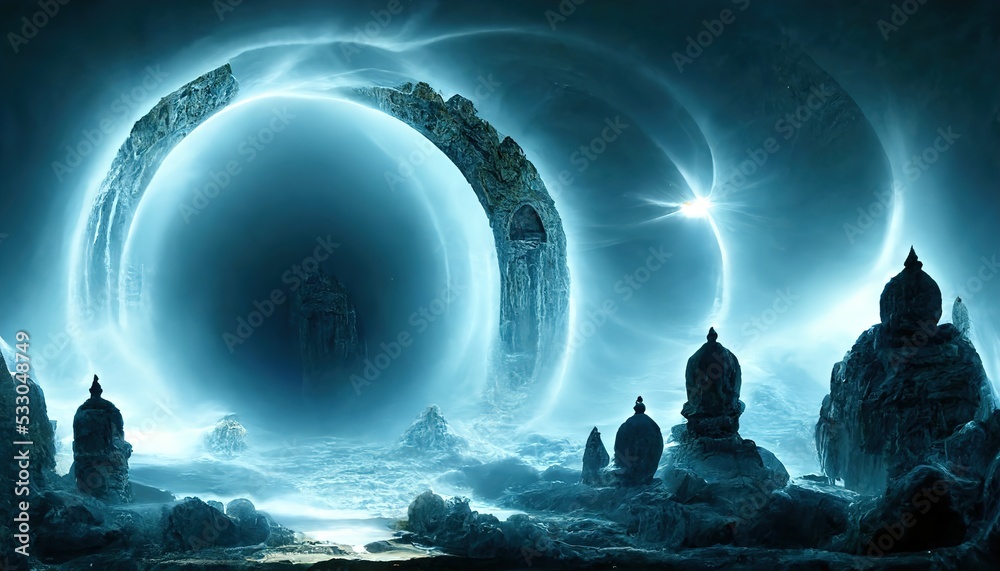 Two portals located opposite each other with magical symbols in a ...