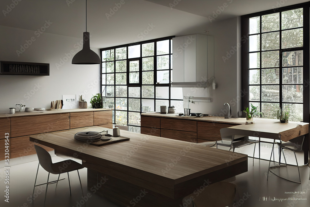 Interior of a modern luxury kitchen, wooden countertop worktop, 3d ...