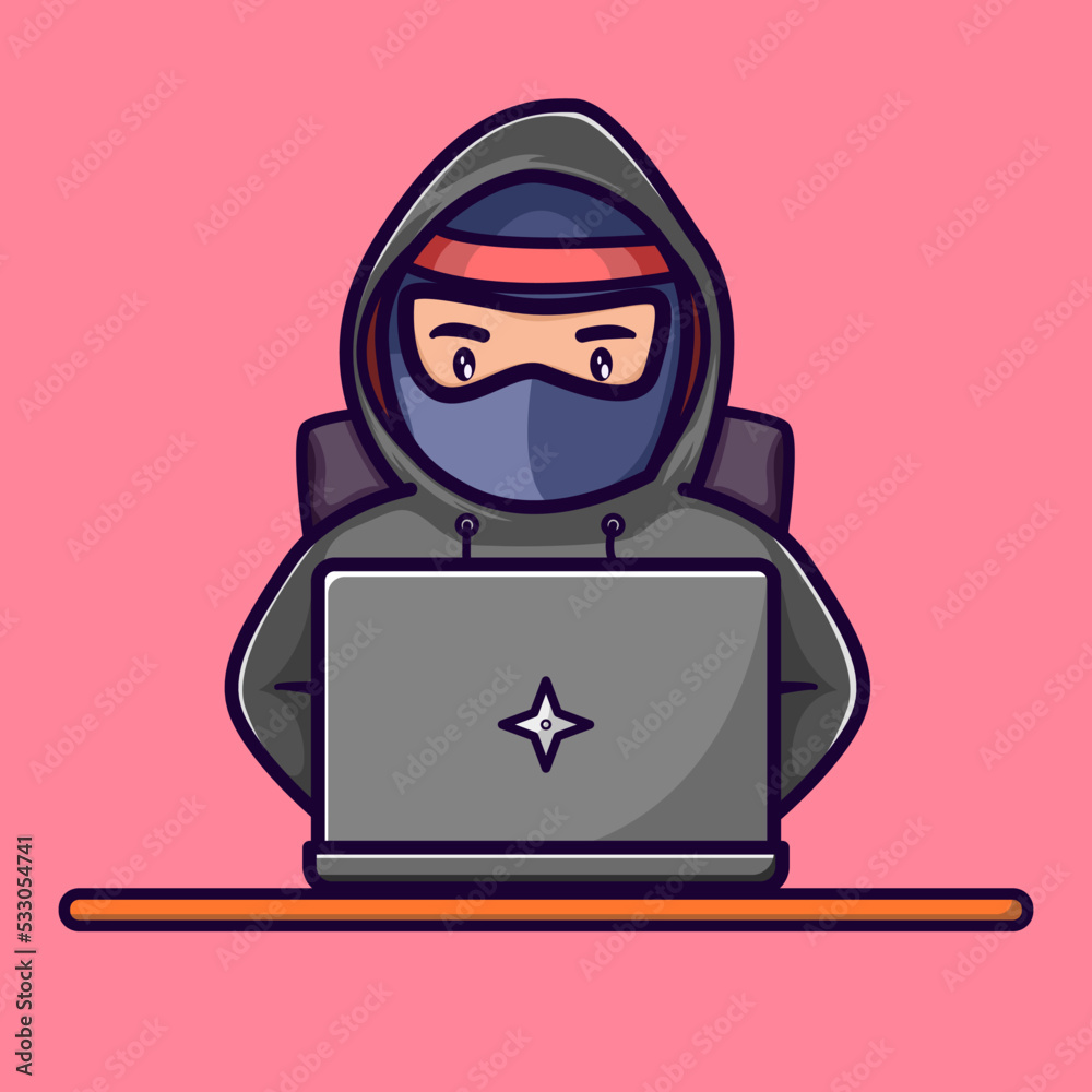 hacker ninja with laptop vector cartoon illustration Stock Vector ...