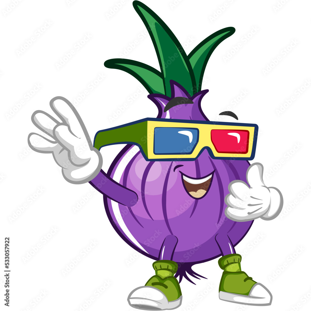 cartoon vector illustration of onion character wearing 3d glasses to ...