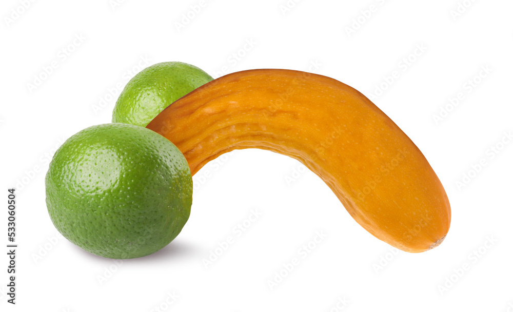 Zucchini And Limes Symbolizing Male Sexual Organs On White Background