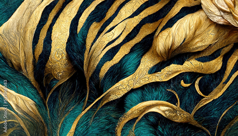 Spectacular abstract concept design features teal and gold fur and ...