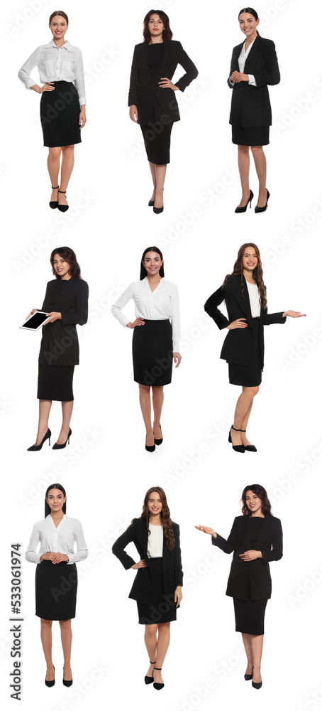 Collage with photos of hostess in uniform on white background Stock ...