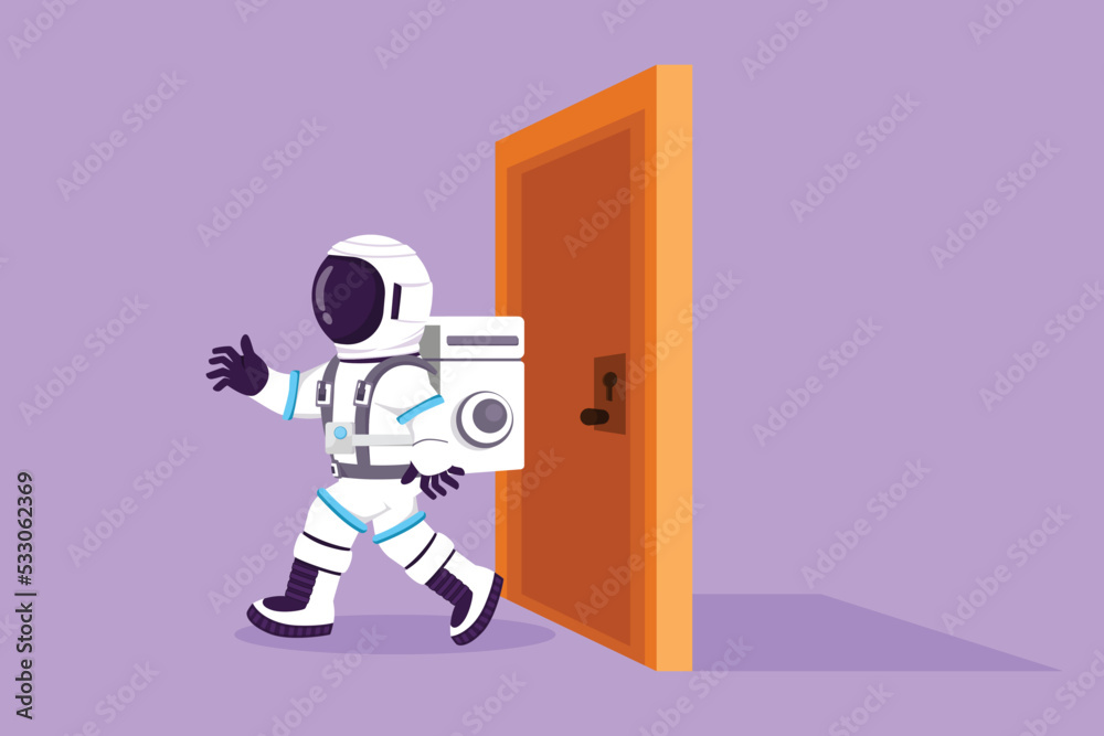 Cartoon flat drawing of young astronaut walking and leaving closed door ...