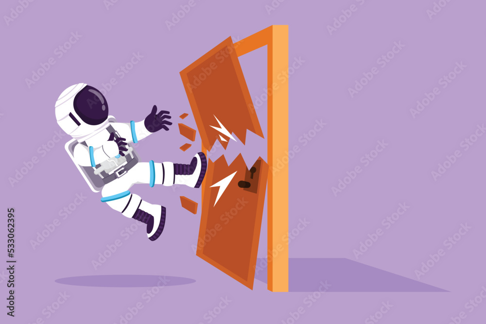 Character flat drawing young astronaut kicks door with flying kick until door shattered in moon ...