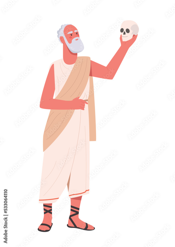 Ancient philosopher concept. Elderly man in white sheet holds skull ...