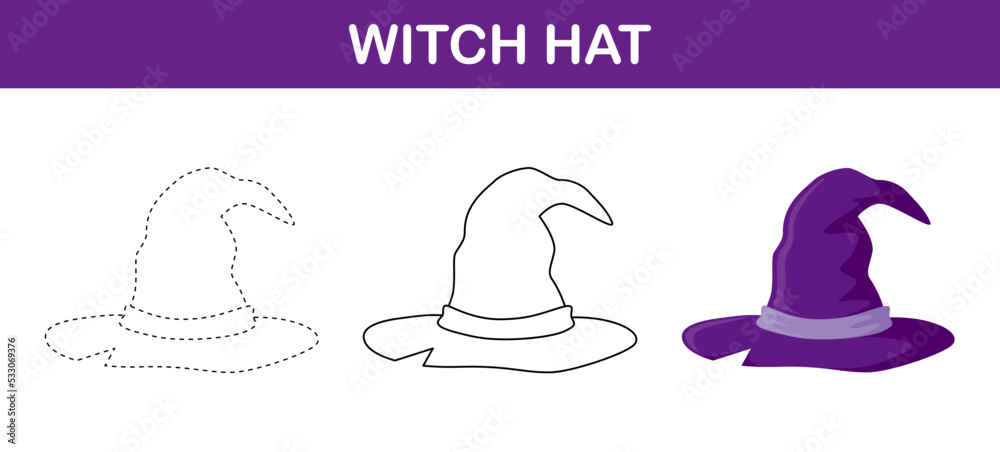 Witch Hat tracing and coloring worksheet for kids Stock Vector | Adobe ...