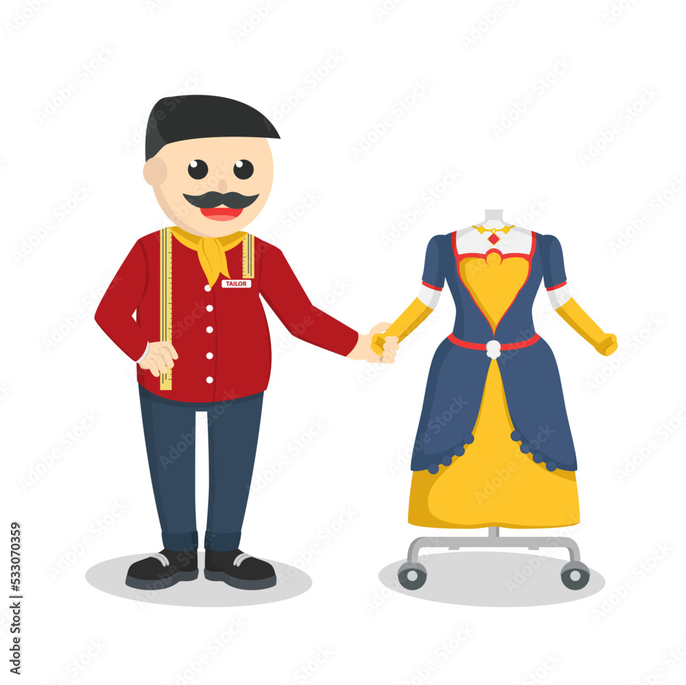 old tailor man presenting gown design character on white background ...