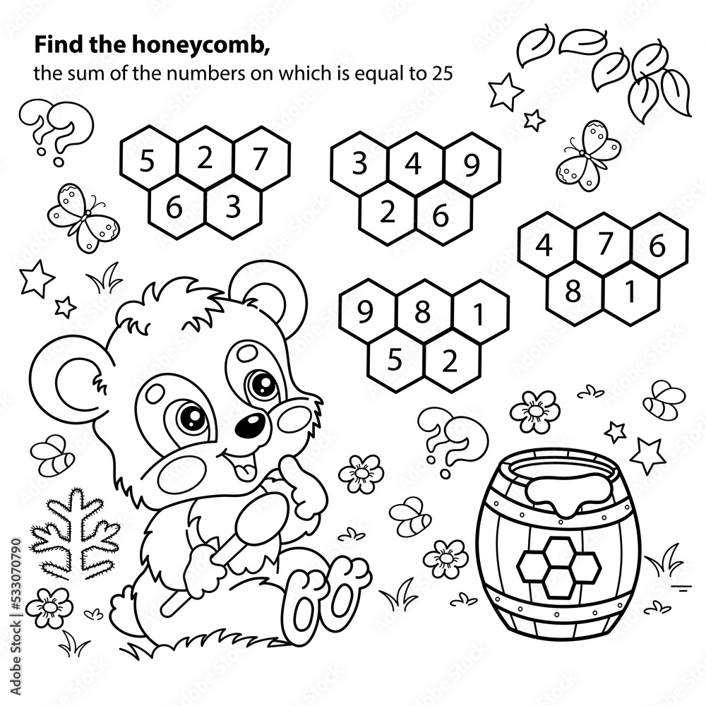 Math addition game. Puzzle for kids. Coloring Page Outline Of cartoon ...