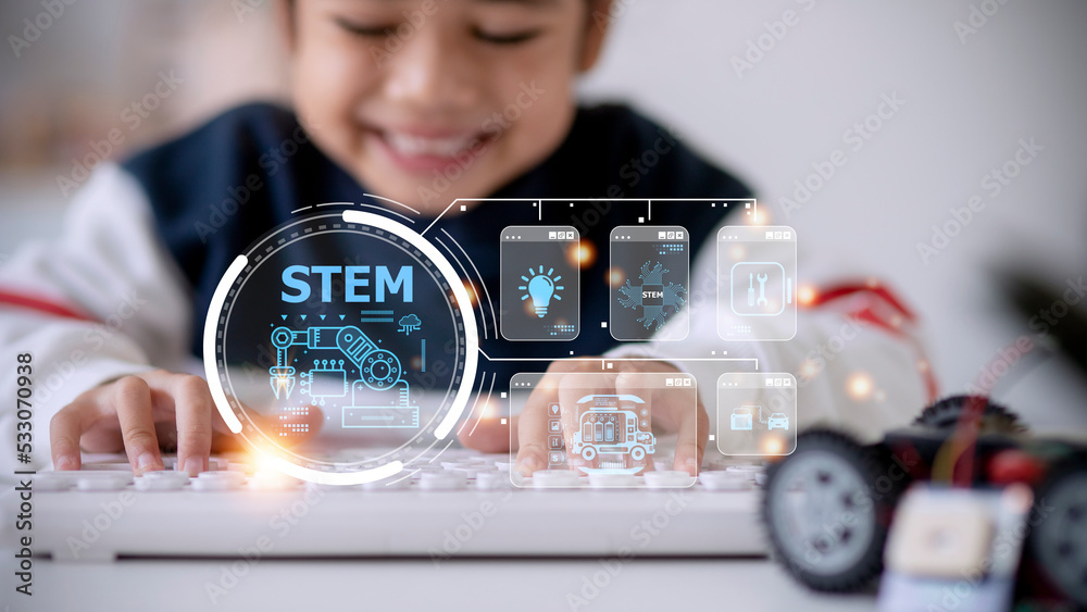 STEM school kids learning education technology building robot car ...