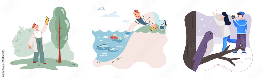 Observation of animals in wild. Ecologists scientists conduct research ...