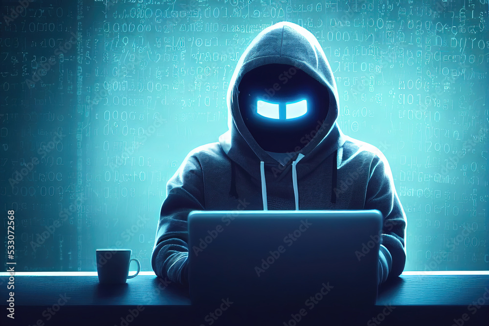 Hacking And Malware Concept Faceless Hacker Using Abstract Laptop With Binary Code Digital