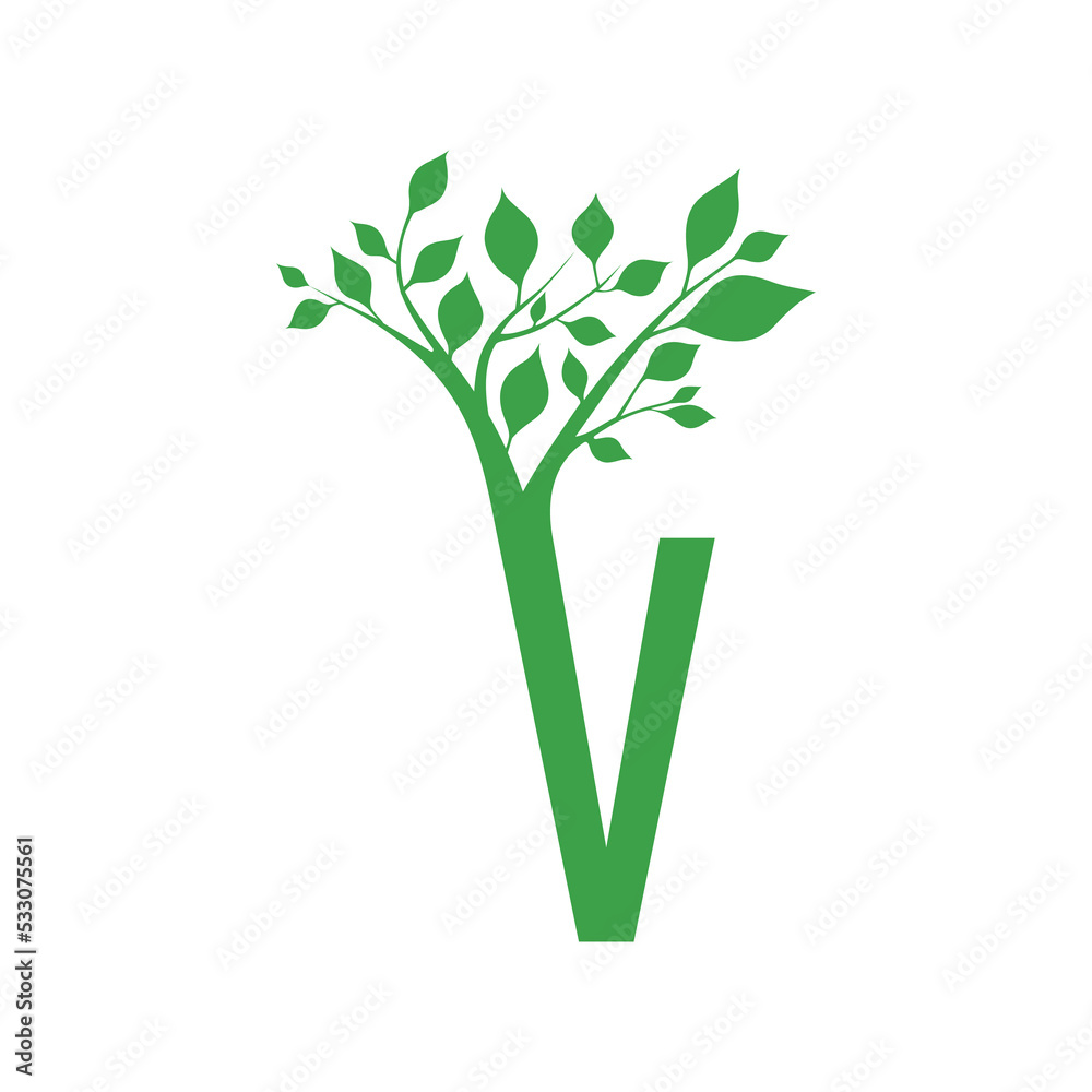 Green letter V with the branch of a tree ornament. For initial logo and ...