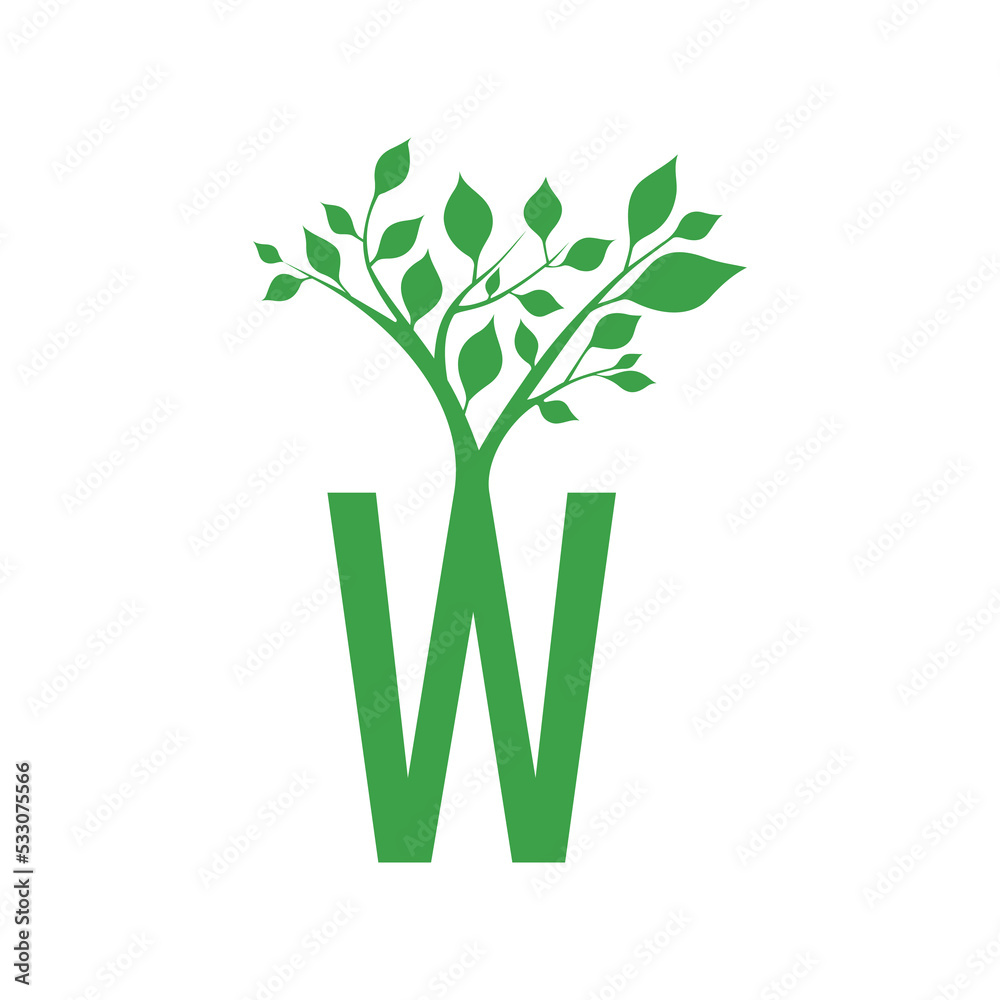 Green letter W with the branch of a tree ornament. For initial logo and ...