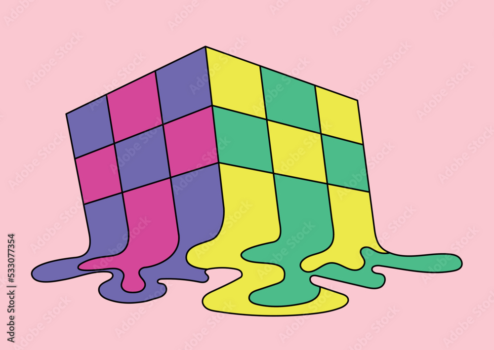 Psychedelic cube icon. Multicolored Rubiks cube spreads. Hallucinations ...
