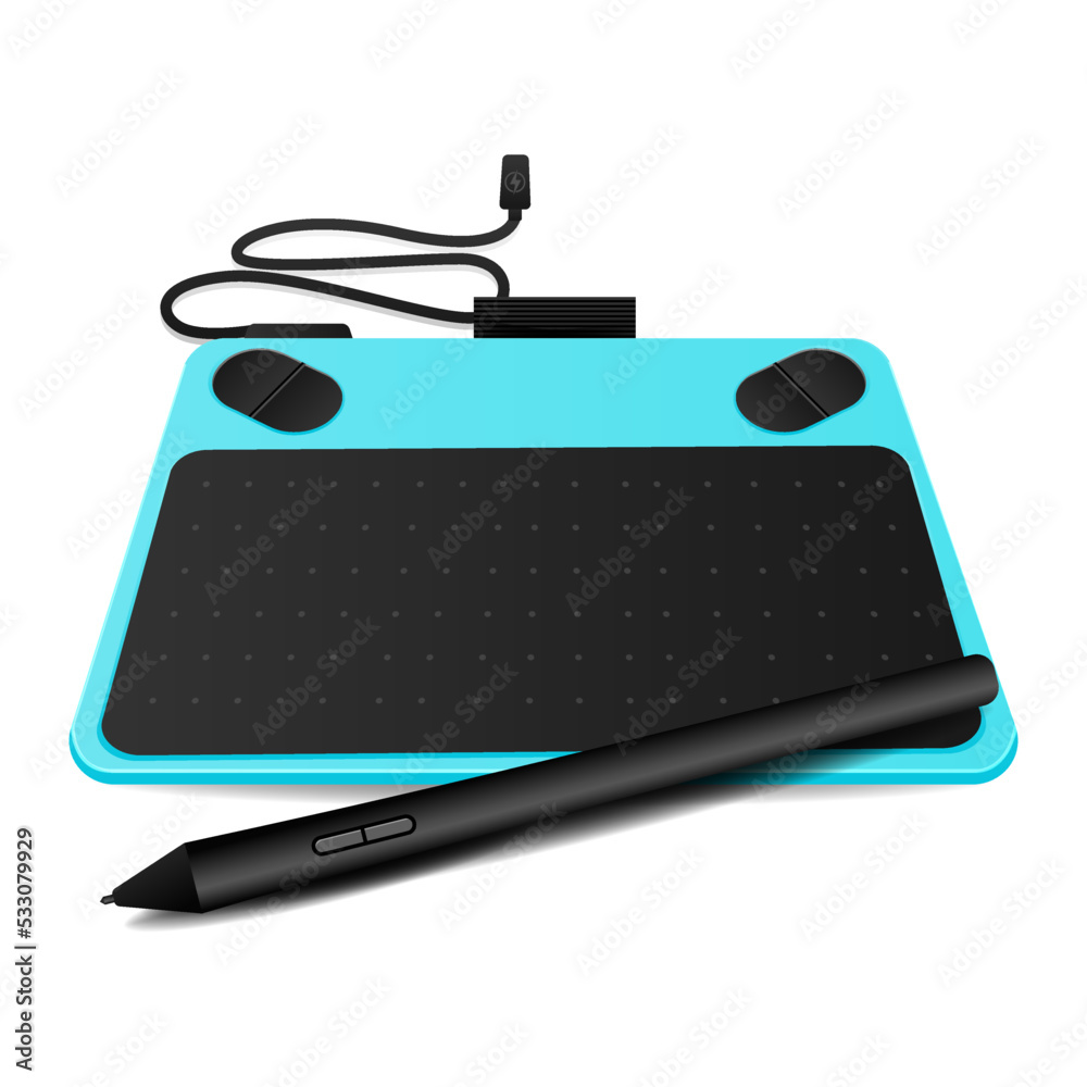 Realistic blue graphic tablet top view isolated on white background. 3d ...