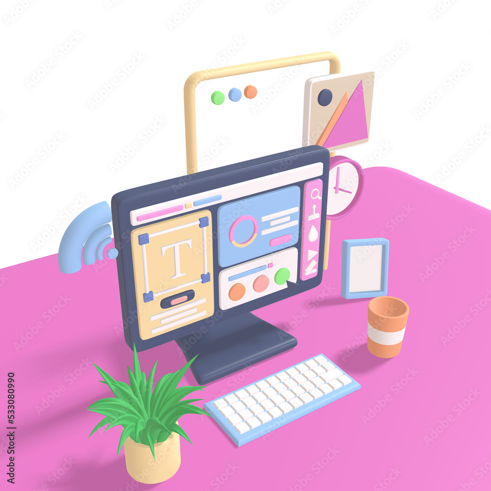 3D Illustration of workspace on PNG background. 3D rendering of student ...