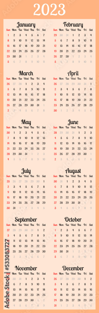 Vetor de 2023 Calendar year vector illustration. The week starts on ...
