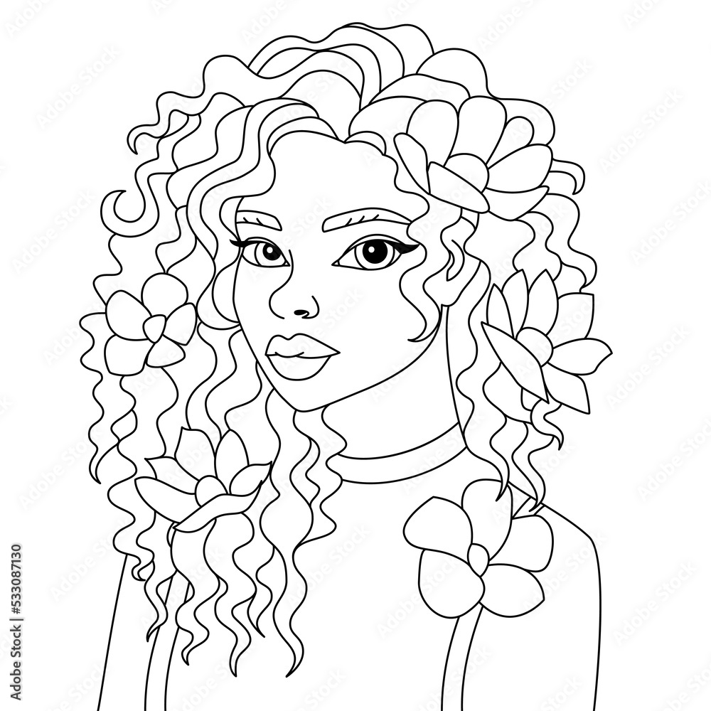 African Black Woman Curly Hairstyle With Flowers Vector Afro Girl