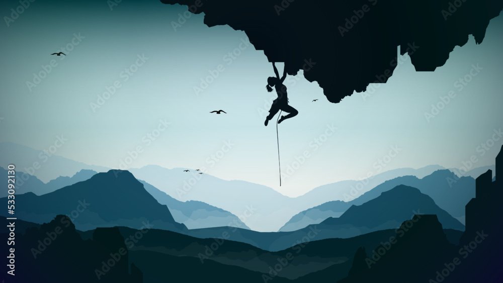 Extreme rock climber background. climber on a cliff with mountains as a ...