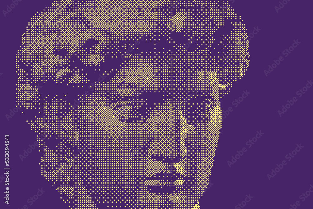 Modern creative colored graphic sculpture with dark background . Digital texture with antique ...