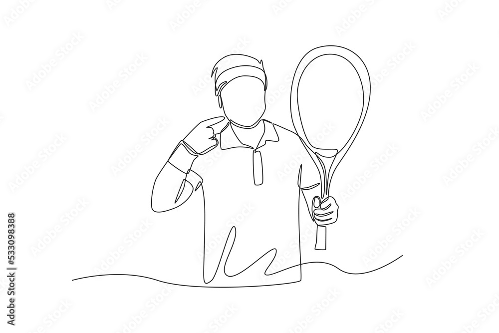 Single one line drawing sportsman confidently pointing to tennis racket ...