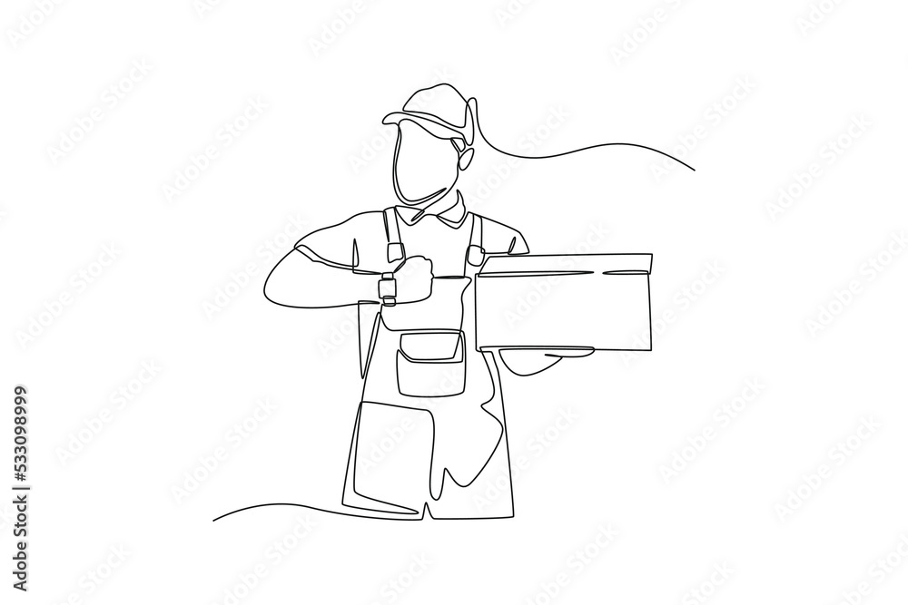 Continuous one line drawing delivery man with hand watch holding ...