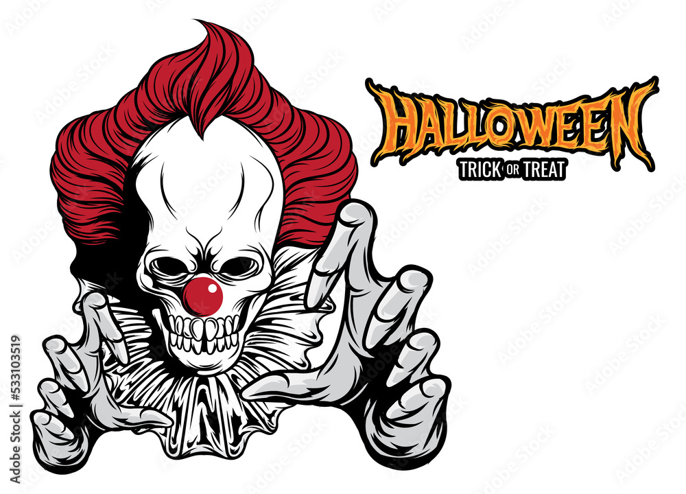 Halloween seamless pattern with scary clown skulls faces and red nose ...