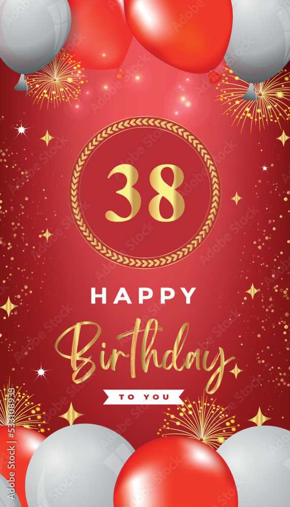 38th Birthday celebration with red and white balloons, gold frames ...