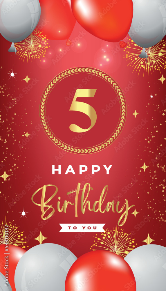 5th Birthday celebration with red and white balloons, gold frames ...