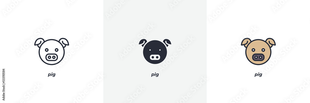 pig icon. Line, solid and filled outline colorful version, outline and ...