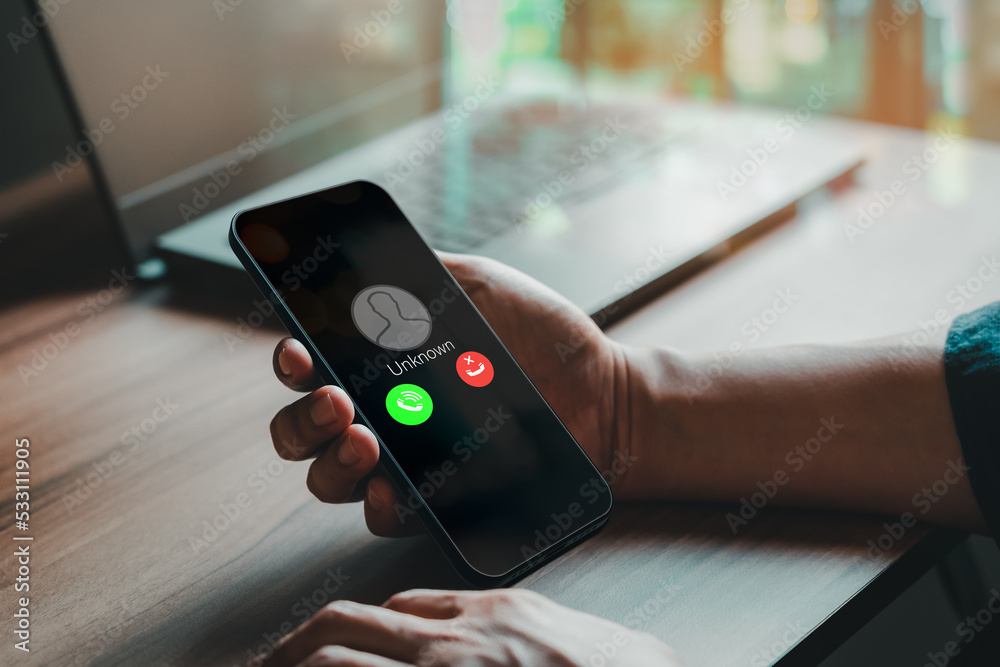 Man answering to incoming call. Phone call from unknown number. Call ...