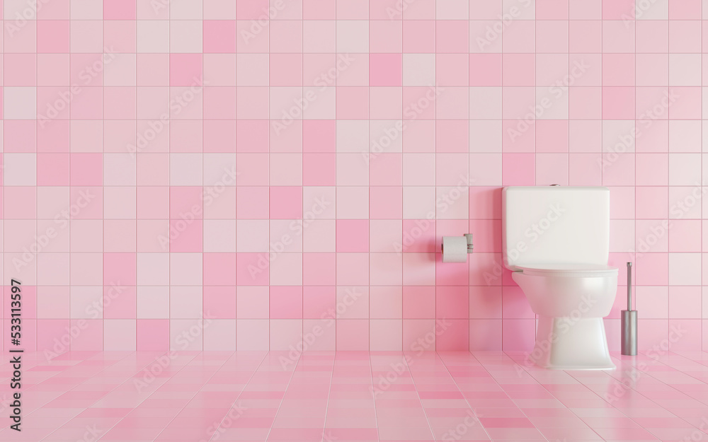 Ceramic white toilet bowl in the restroom with pink ceramic tile wall ...